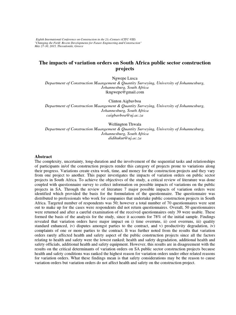 The Impacts Of Variation Orders On South Africa Public Sector Construction Projects Pdf