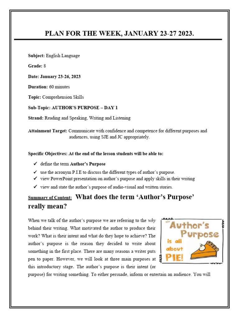 Author's Purpose Lesson Plan for Grade 8 | PDF | Behavior Modification ...