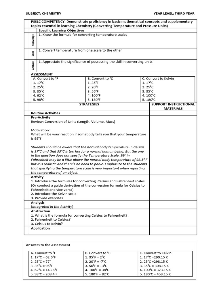 LESSON PLAN IN SCIENCE 10: Conversion of Units Problem Solving | PDF ...