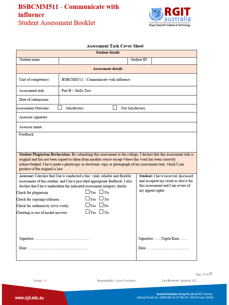 BSBCMM511 Assessment B Skill Test - Template | PDF | Communication ...