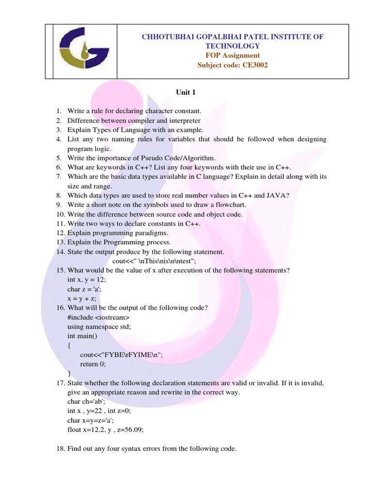FOP Assignment U 1 To U 3 | PDF | C++ | Namespace