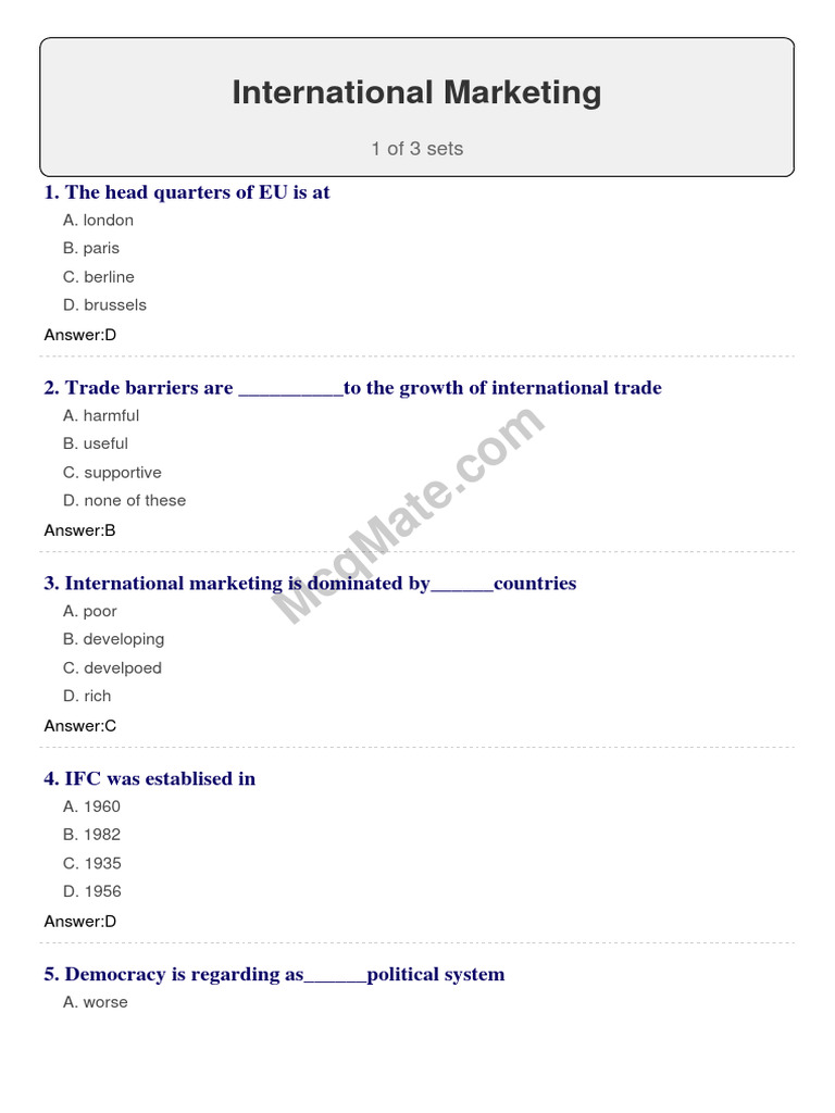 International Marketing MCQ | PDF | Inflation | Exports