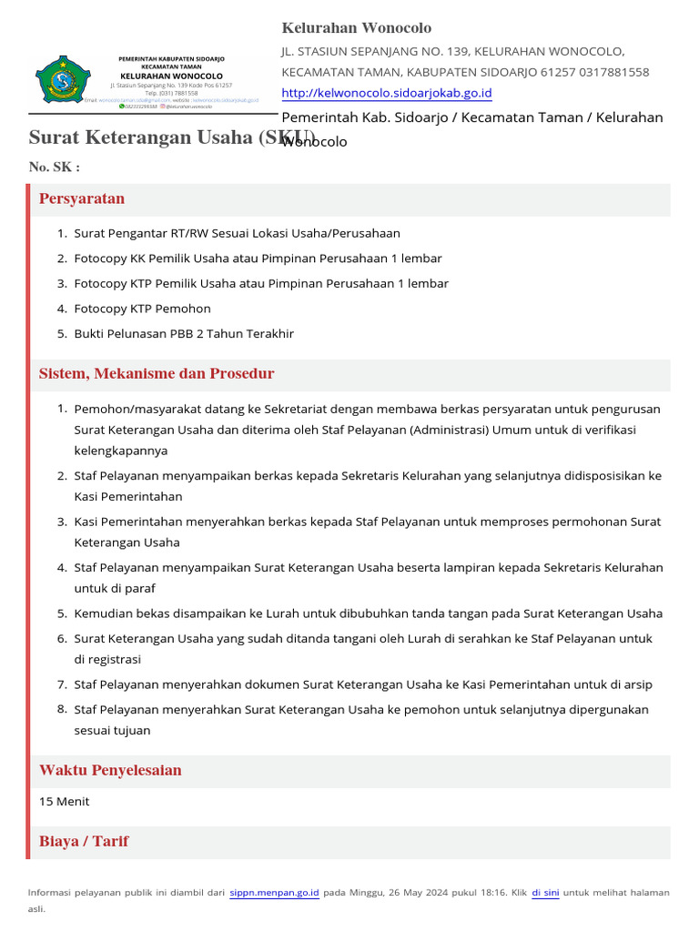 Unduh Standar Pelayanan - Surat Keterangan Usaha (SKU) | PDF