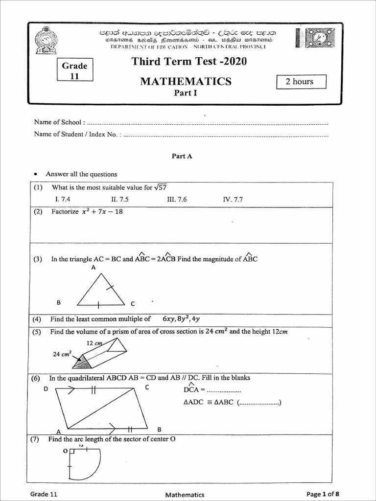 2020 Grade 11 Maths Third Term Paper English Medium North Central ...