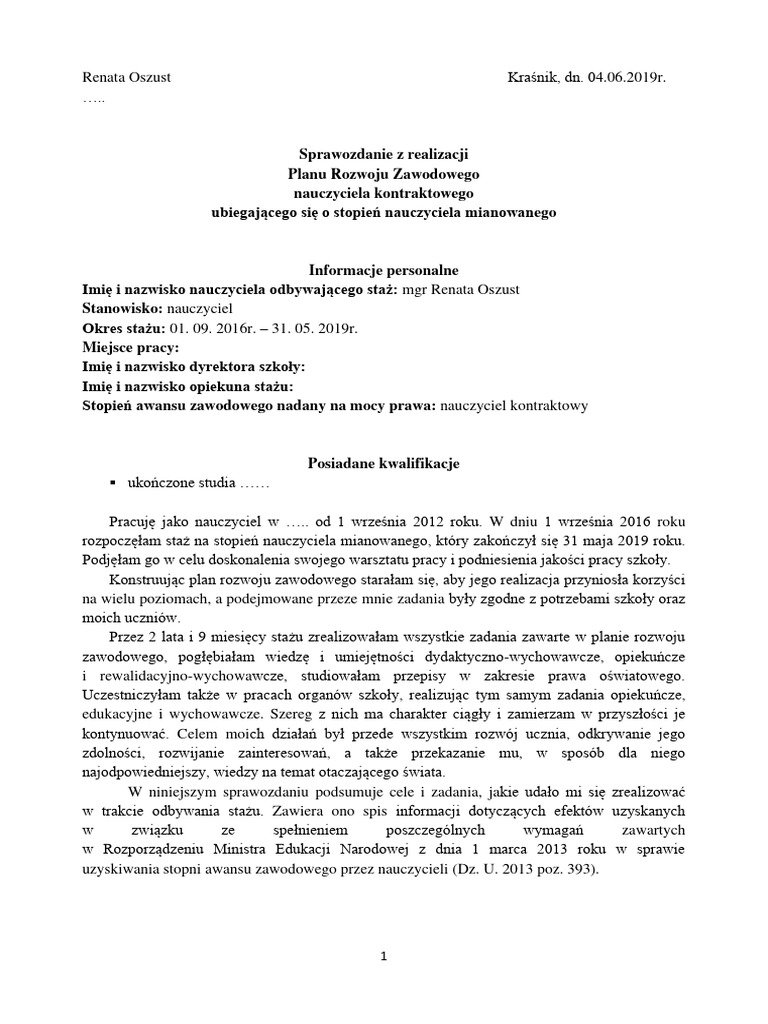 Sprawozdanie Z Realizacji Stażu Na Stopień Nauczyciela Mianowanego Renata Oszust | PDF