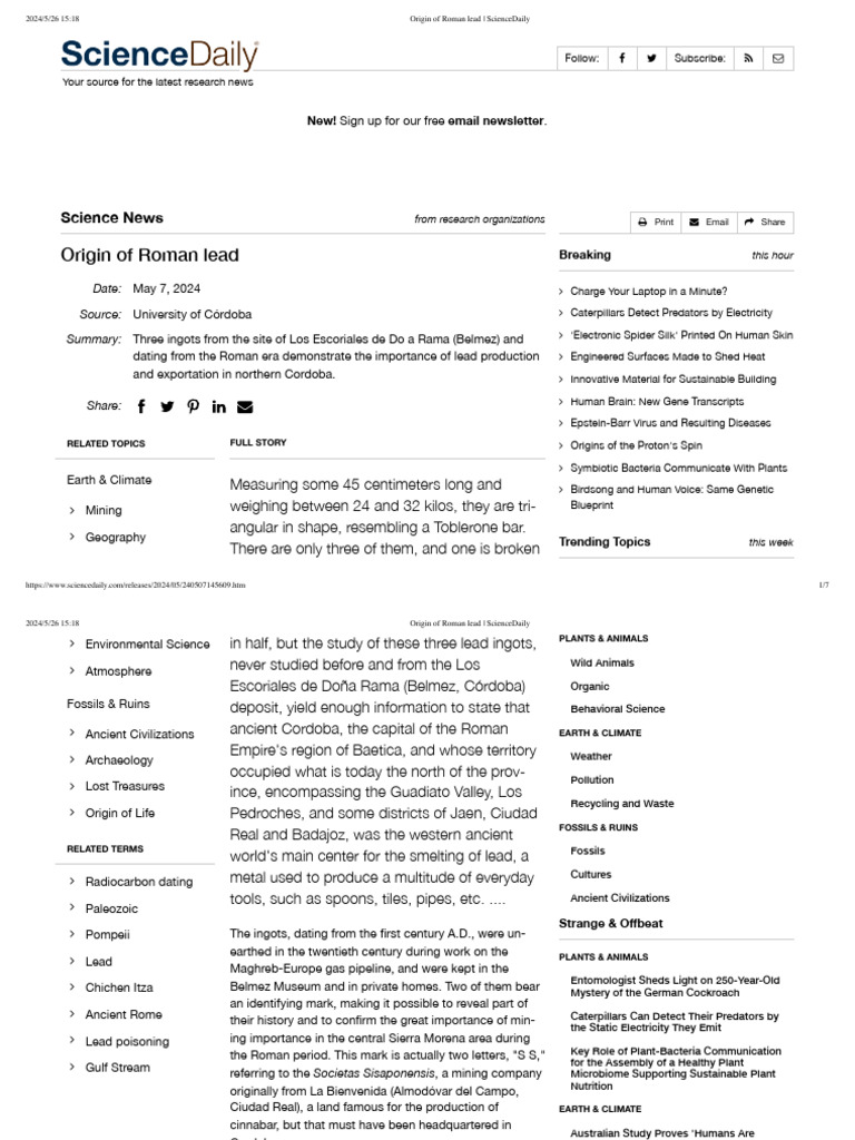 Origin of Roman Lead - ScienceDaily | PDF | Lead