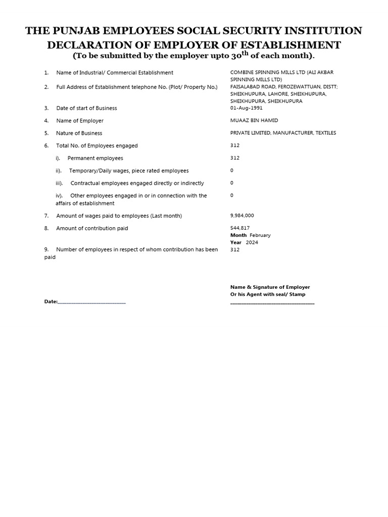 Employer Declaration for Punjab Social Security | PDF | Business