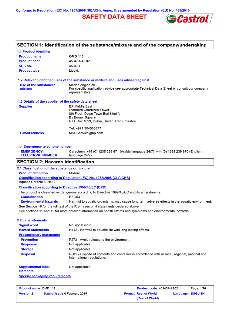 BP EU CLP SDS - Rest of World AE-Marine-Castrol453451-AE02en-GB | PDF ...
