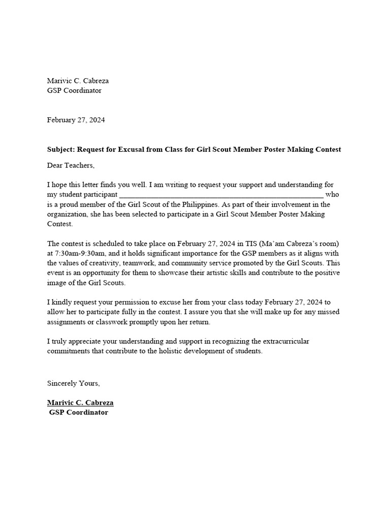 Excusal Request for Girl Scout Contest | PDF | Career & Growth | Social ...