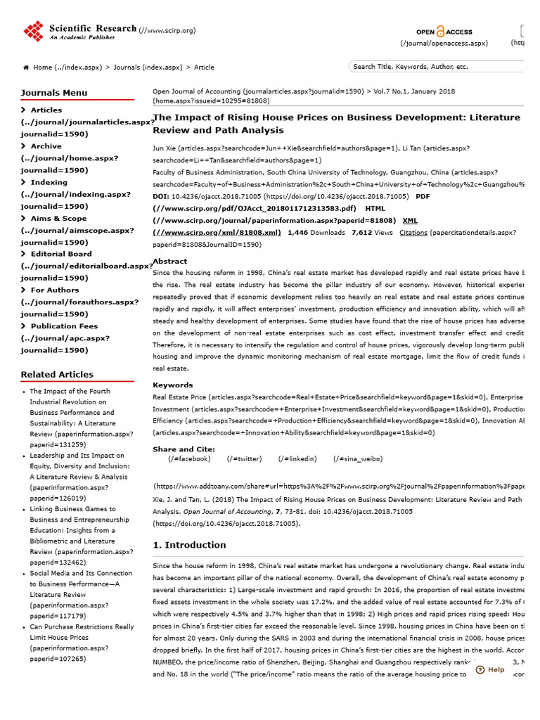 The Impact of Rising House Prices on Business Development: Literature Review and Path Analysis ...