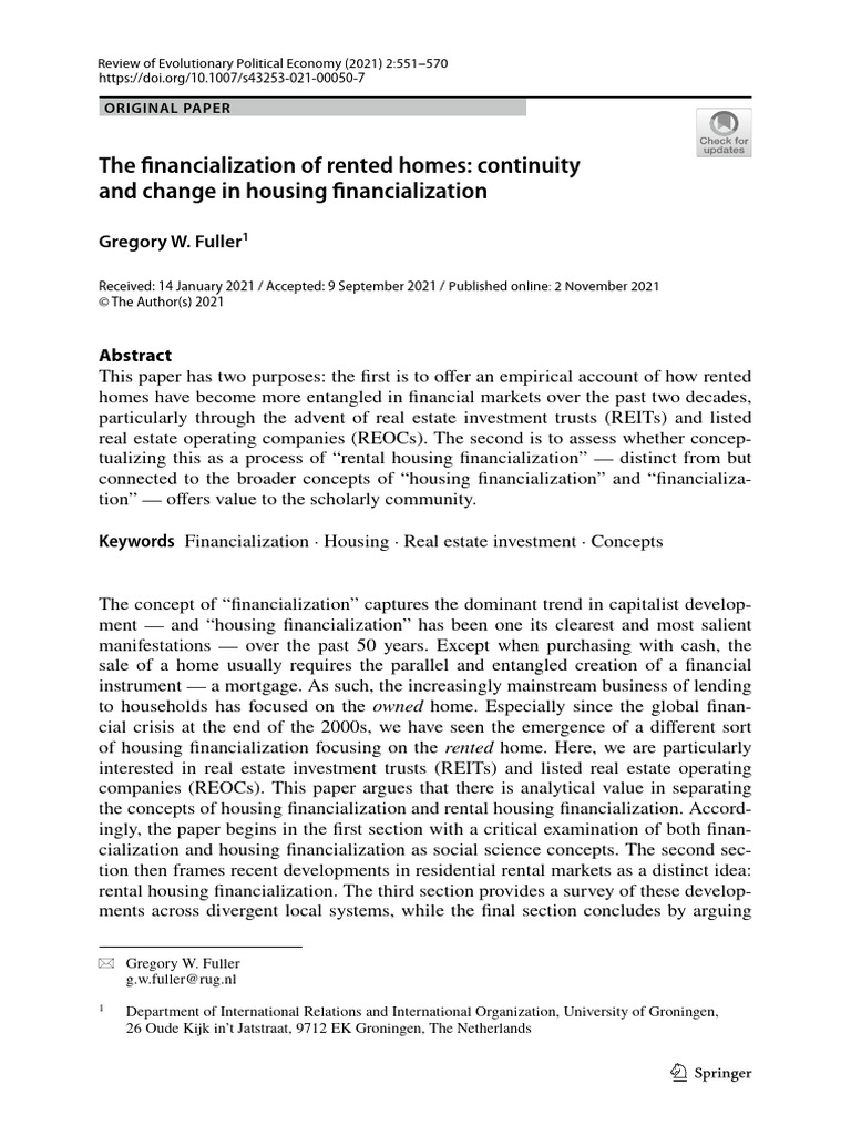 The Financialization of Rented Homes Continuity and Change in Housing ...