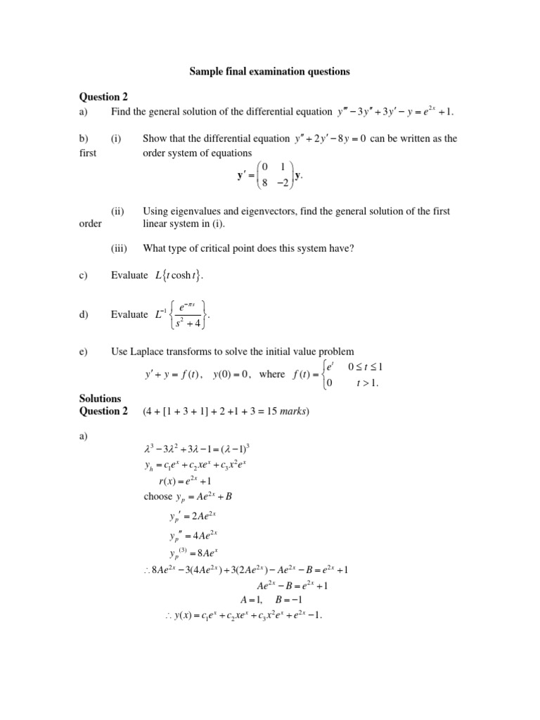 Differential Equations Exam Questions | PDF | Ordinary Differential ...