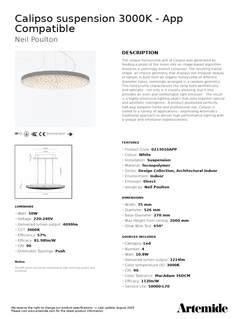 Calipso Suspension Light Specs | PDF | Lighting | Electrical Engineering