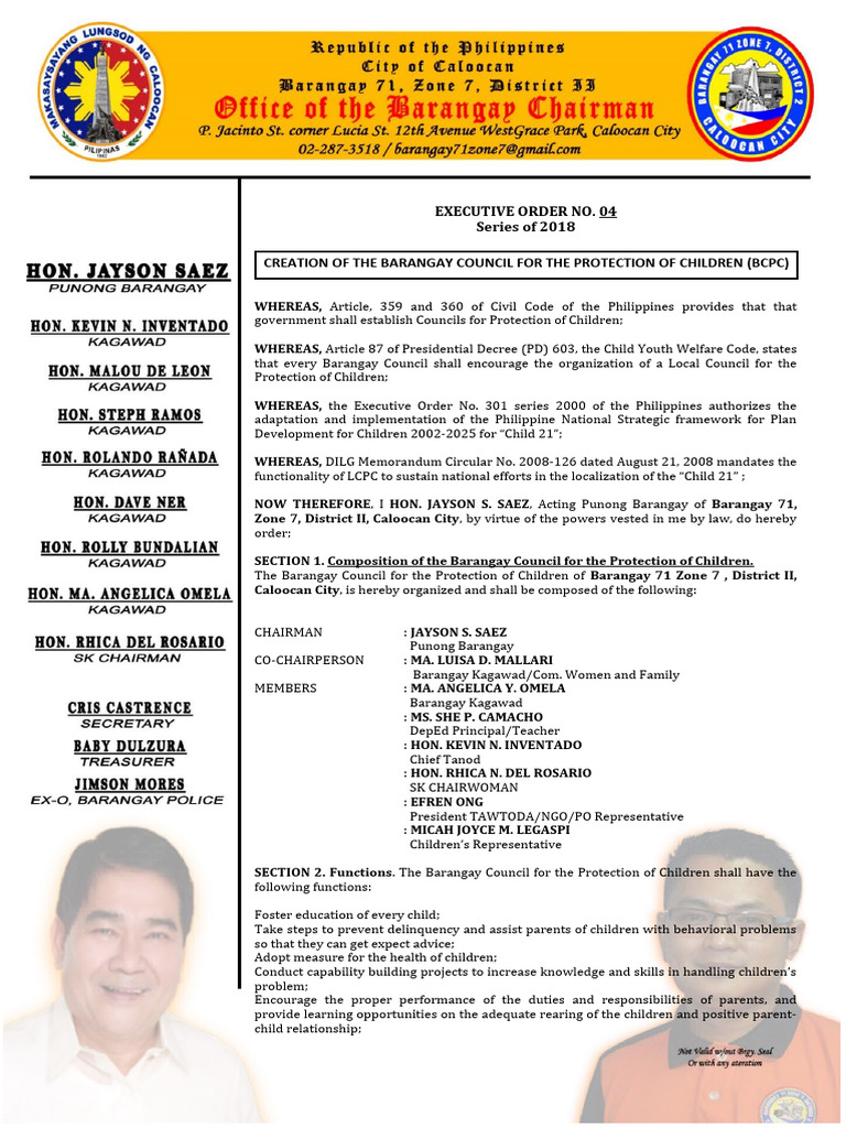 EXECUTIVE ORDER NO. 4 BCPC | PDF | Child Abuse | Childhood