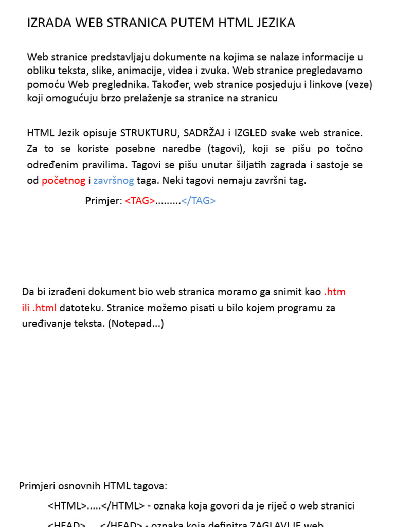 HTML - Uvod, Prva Stranica, Tagovi, Uredivanje Teksta, Ubacivanje Slika I Linkova | PDF