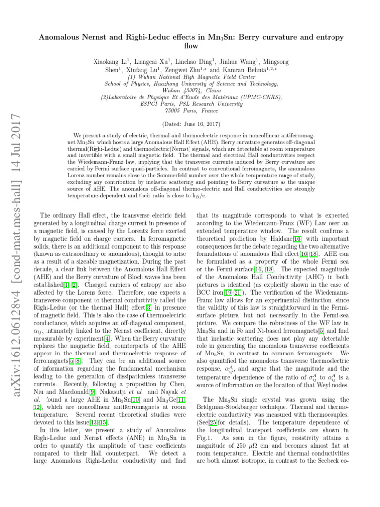Xiaokang Li, Anomalous Nernst and Righi-Leduc Effects in Mn3Sn Berry Curvature and Entropy | PDF ...