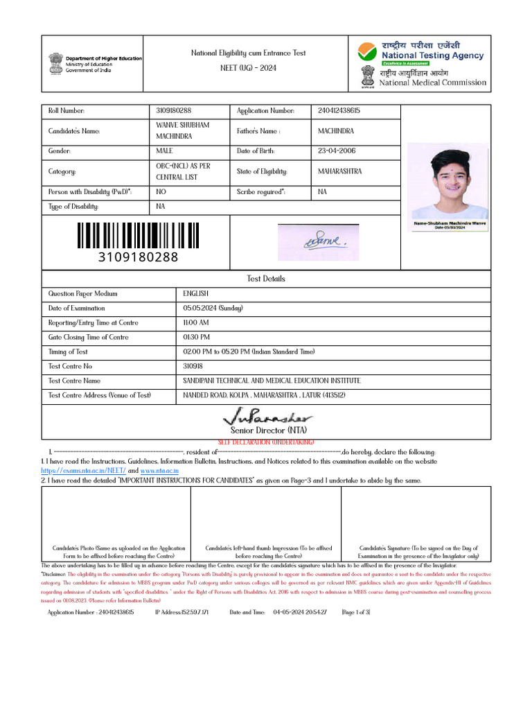 Neet - Ntaonline.in Frontend Web Admitcard Index | PDF | Identity Document