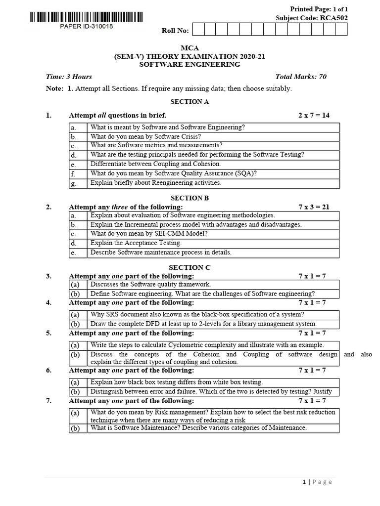 MCA Software Engineering Exam | PDF | Software | Software Quality