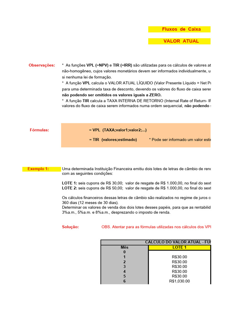 Aula Prática 4 Excel Planilhas Financeiras VPL TIR | Download grátis PDF | Valor Presente ...