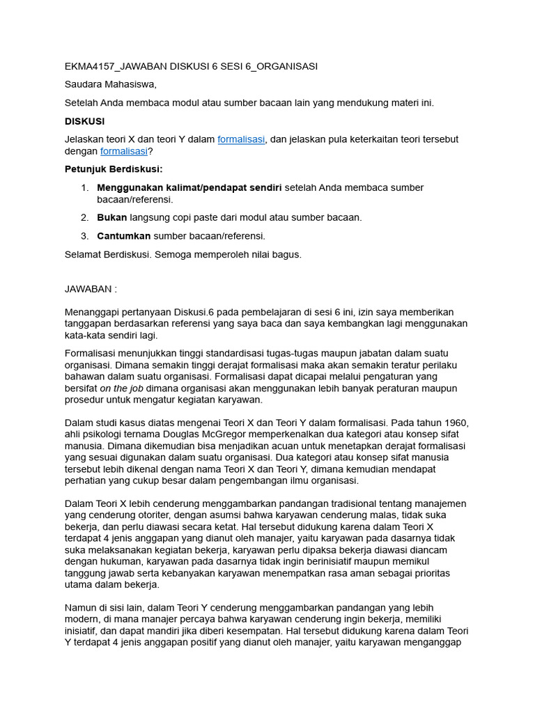 Ekma4157 - Jawaban Diskusi 6 Sesi 6 - Organisasi | PDF | Karier & Perkembangan | Pengembangan Diri