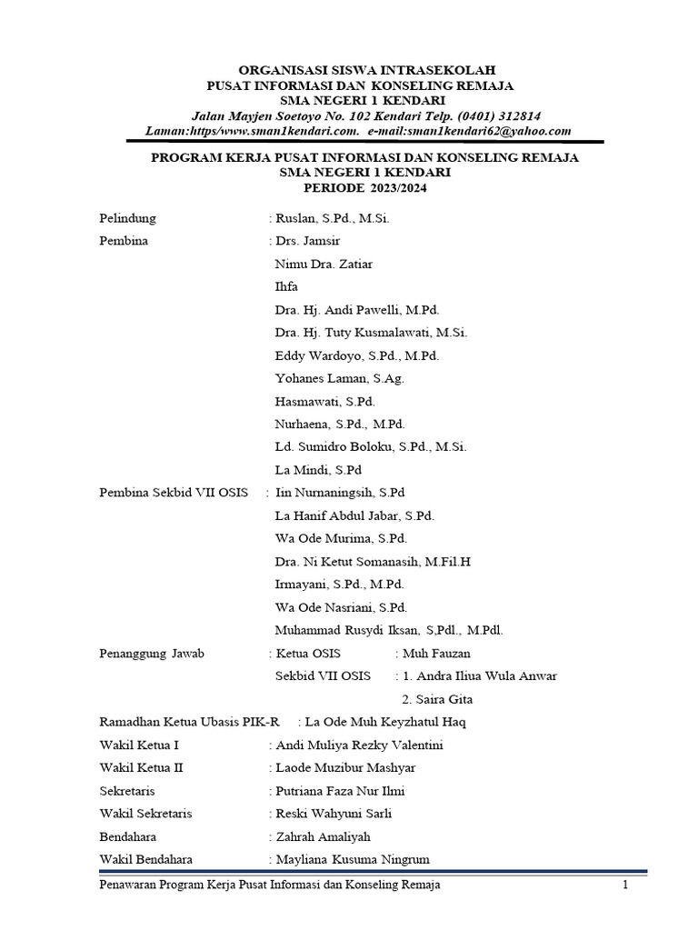 Program Kerja PIK-R SMA 1 Kendari 2023/2024 | PDF