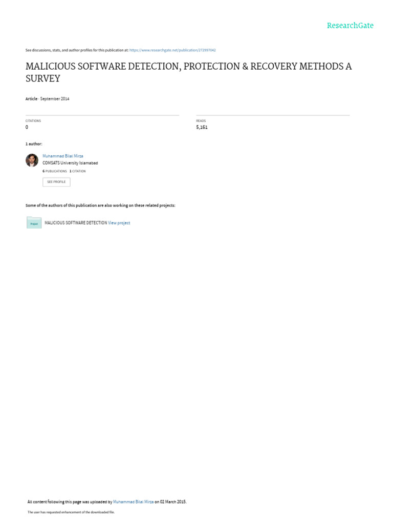 Malicious Software Detection, Protection & Recovery Methods A Survey ...