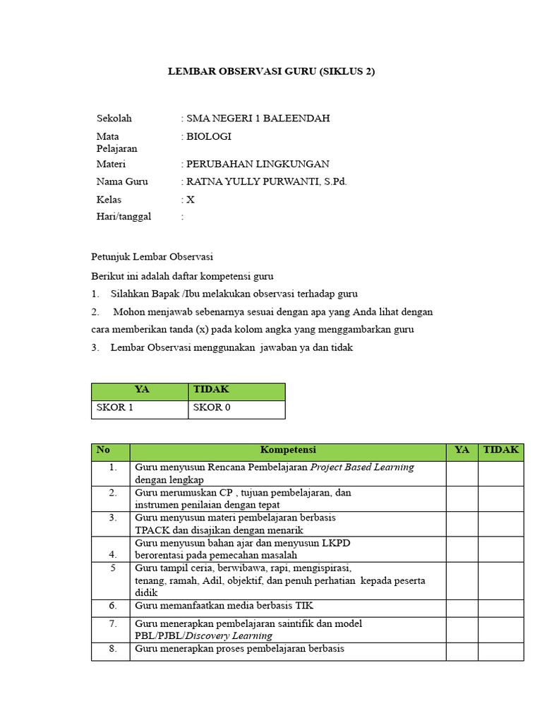 LEMBAR OBSERVASI GURU - Ratna Yully Purwanti | PDF | Karier & Perkembangan