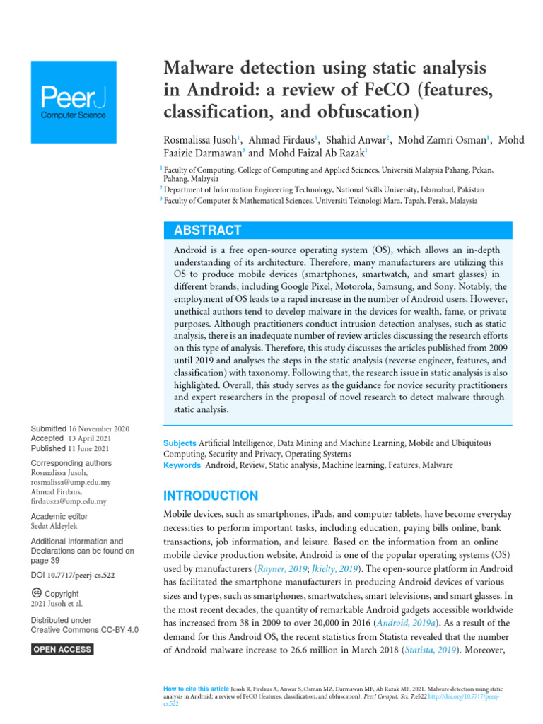 Malware Detection Using Static Analysis Pdf Malware Android