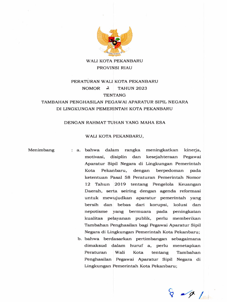 Perwa No 2 Tahun 2023 TTG Tambahan Penghasilan Pegawai Aparatur Sipil ...