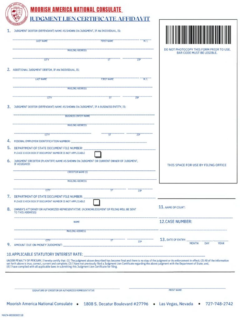 Judgment Lien Certificate Affidavit | PDF | Judgment (Law) | Creditor