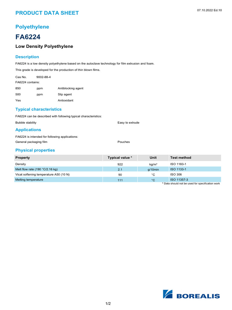 FA6224-PDS-REG_WORLD-EN-V10-PDS-WORLD-3449-PDS_FA6224_10_07102022 | PDF | Polyethylene | Extrusion