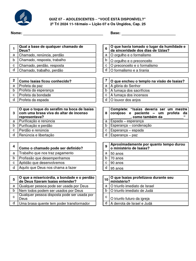 Bep 07 - Prova | PDF | Isaías | Teologia