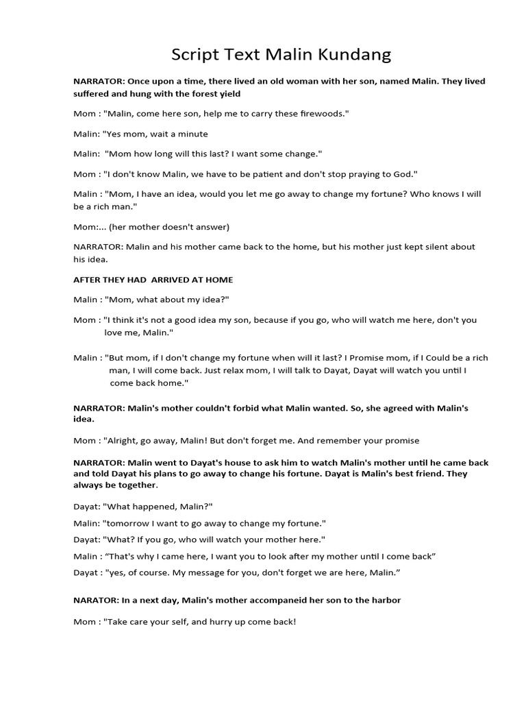 Script Text Malin Kundang | PDF | Poetry