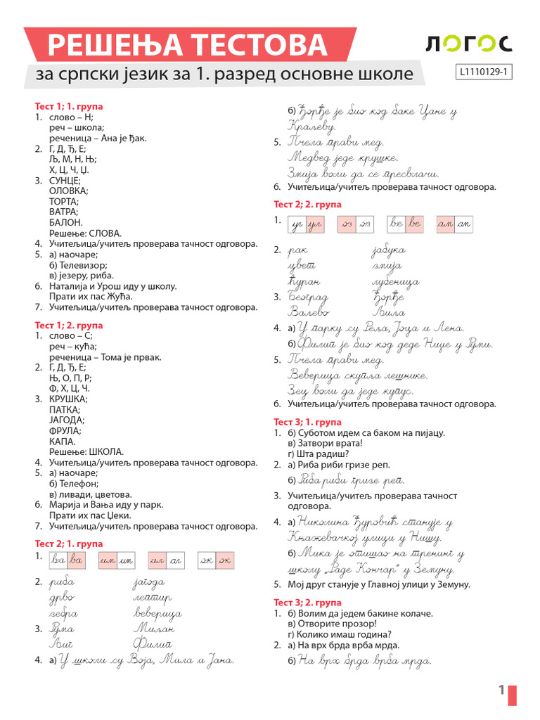 Novi Logos Srpski 1 Testovi | PDF