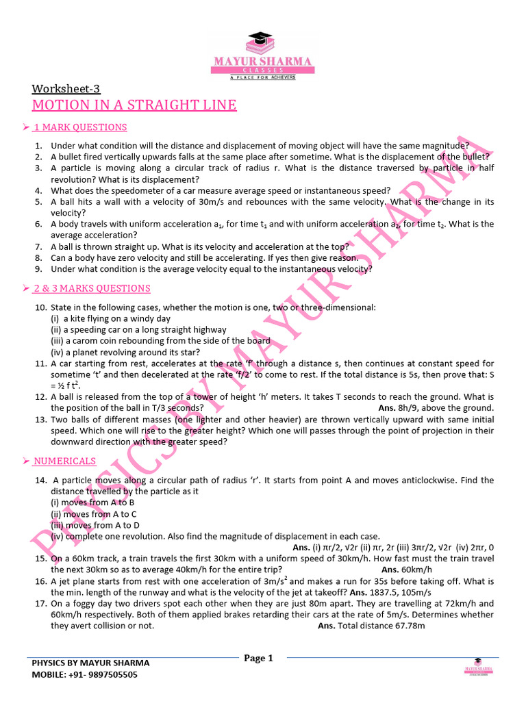 Worksheet-3 Motion in Straight Line | PDF | Acceleration | Mechanical ...