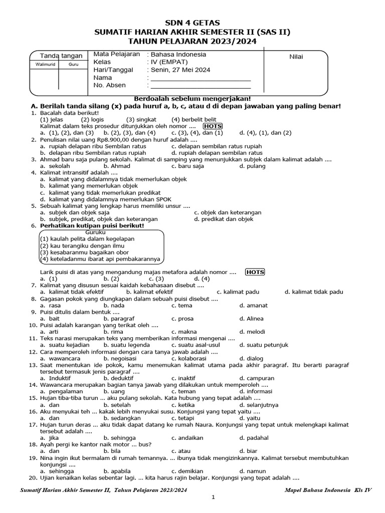 Sat B Indonesia Kelas 4 Semester 2 | PDF
