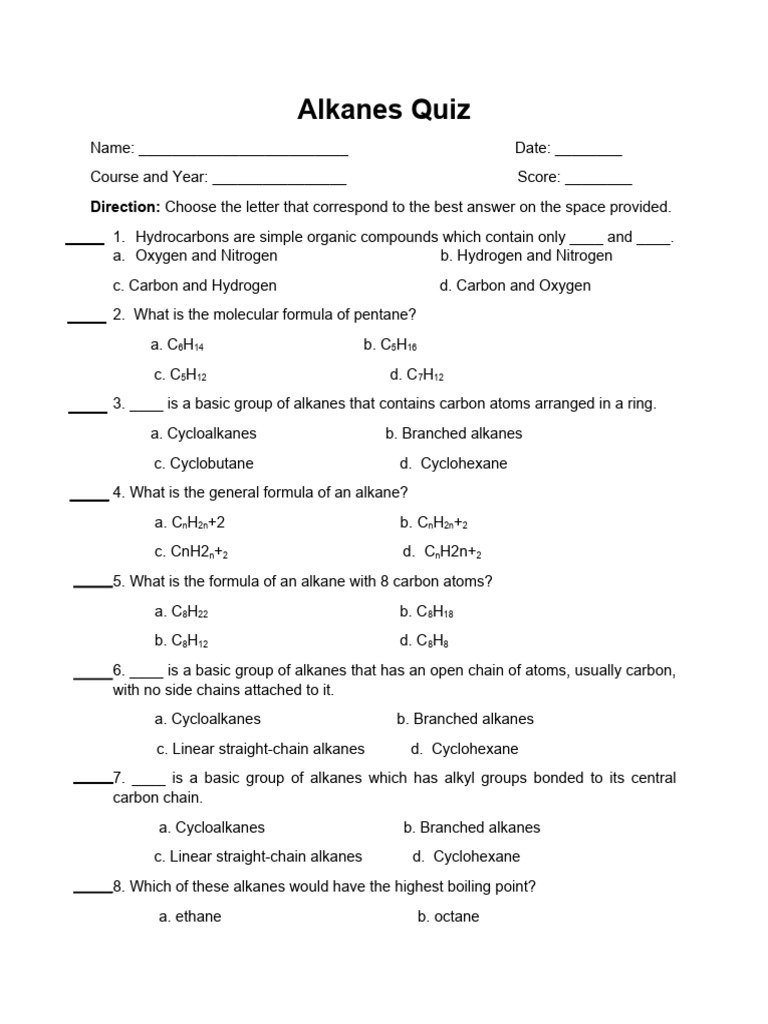 Alkanes Quiz | PDF | Alkane | Chemistry