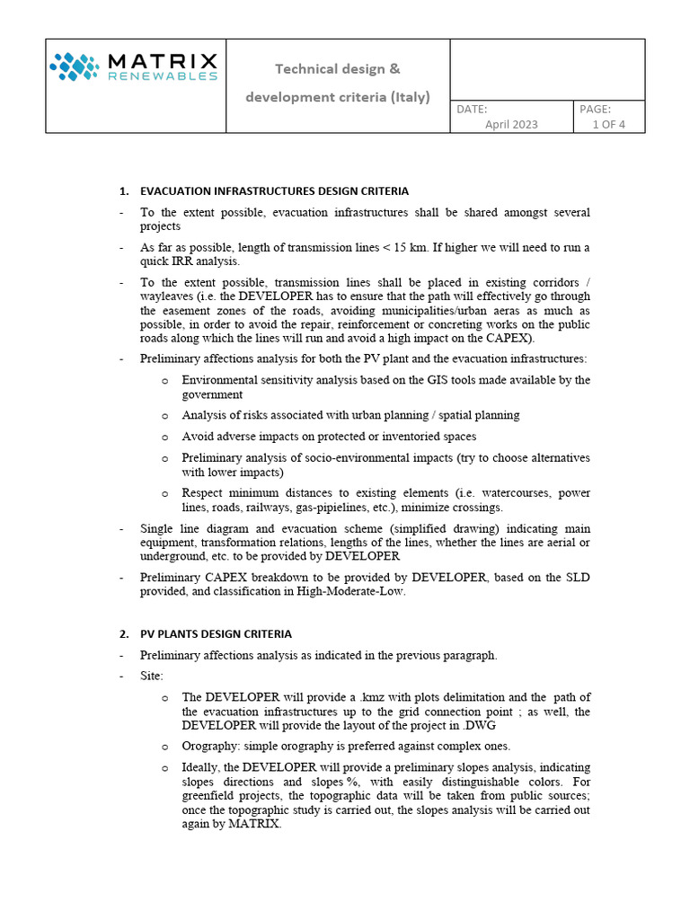 Technical Design & Development Criteria (PV Plants Italy) | PDF