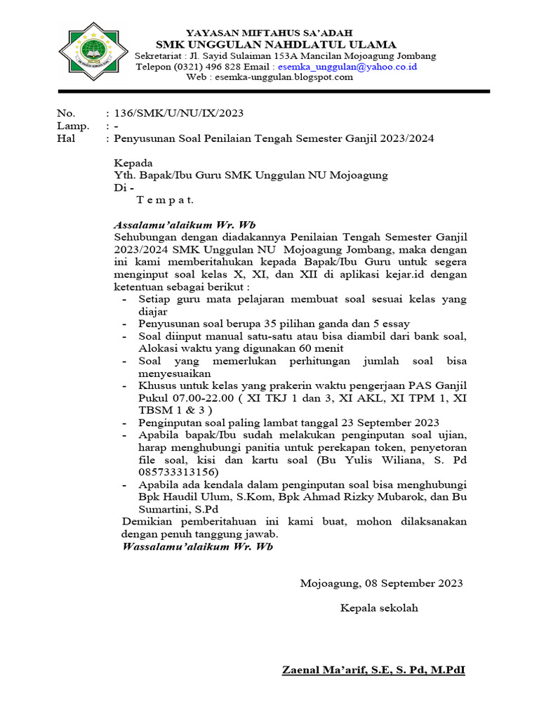 Surat PENYUSUNAN Soal Ujian Uas | PDF