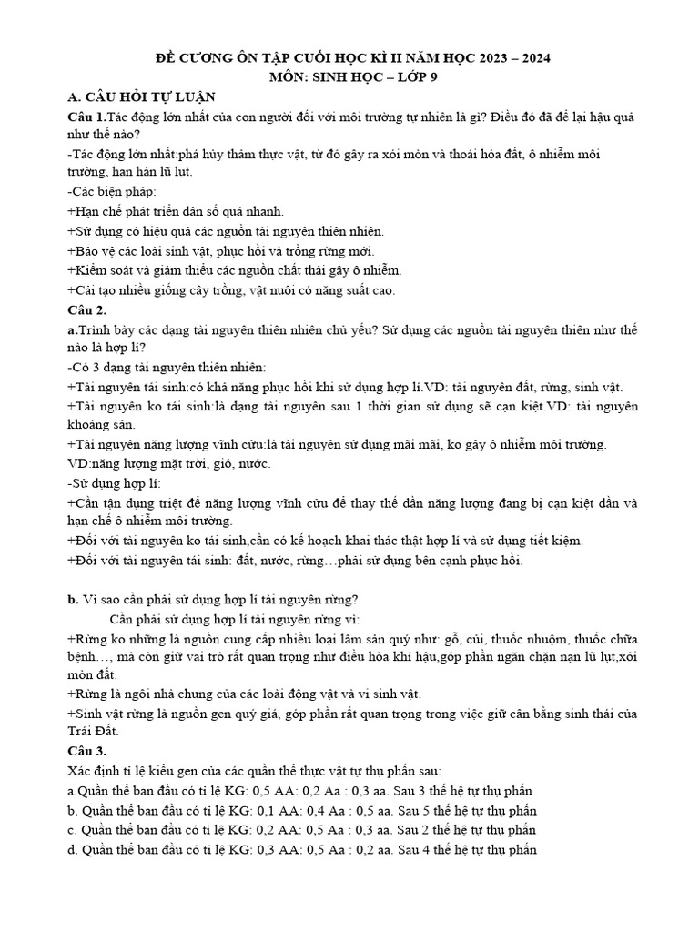 Sinh 9 Đề Cương Cuối Hkii 1 | PDF