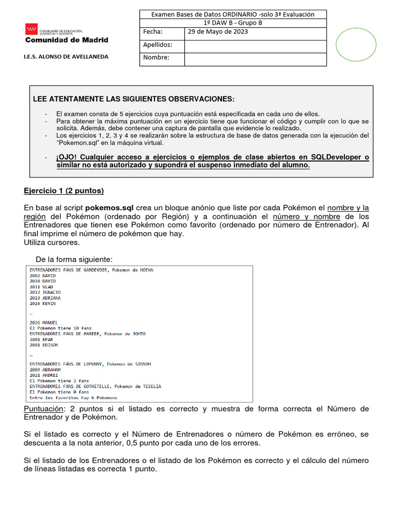 Examen de Bases de Datos DAW B | PDF | SQL | Pl / Sql