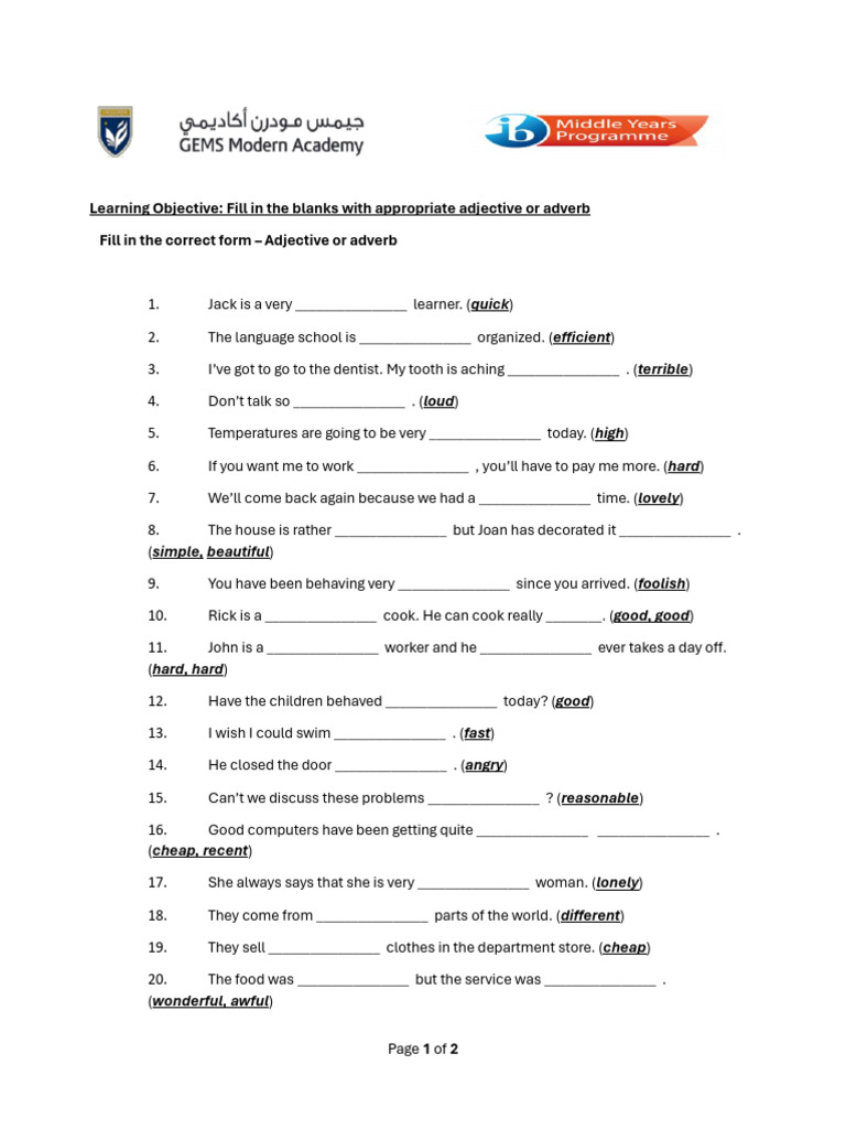 Adjective & Adverb Practice Worksheet | PDF