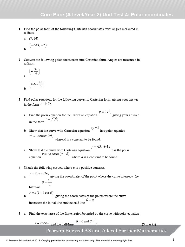 Core Pure Unit Test 4 Polar Coordinates | PDF | Line (Geometry) | Angle