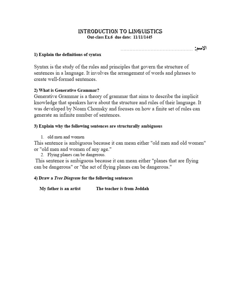 Introduction To Linguistics:مسﻻا: ………………………………………… 1) Explain The Definitions Of Syntax | PDF ...