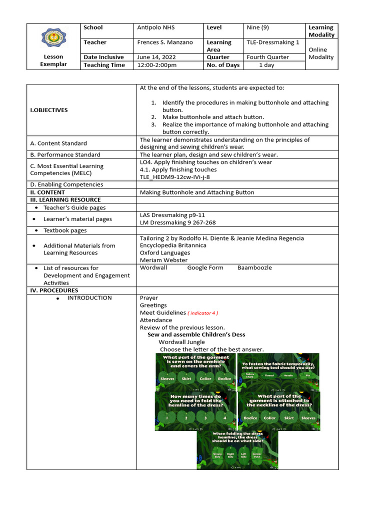 Cot 2 Lesson Exemplar COT2 - PT 10 Making Buttonhole and Attaching Button | PDF | Learning ...