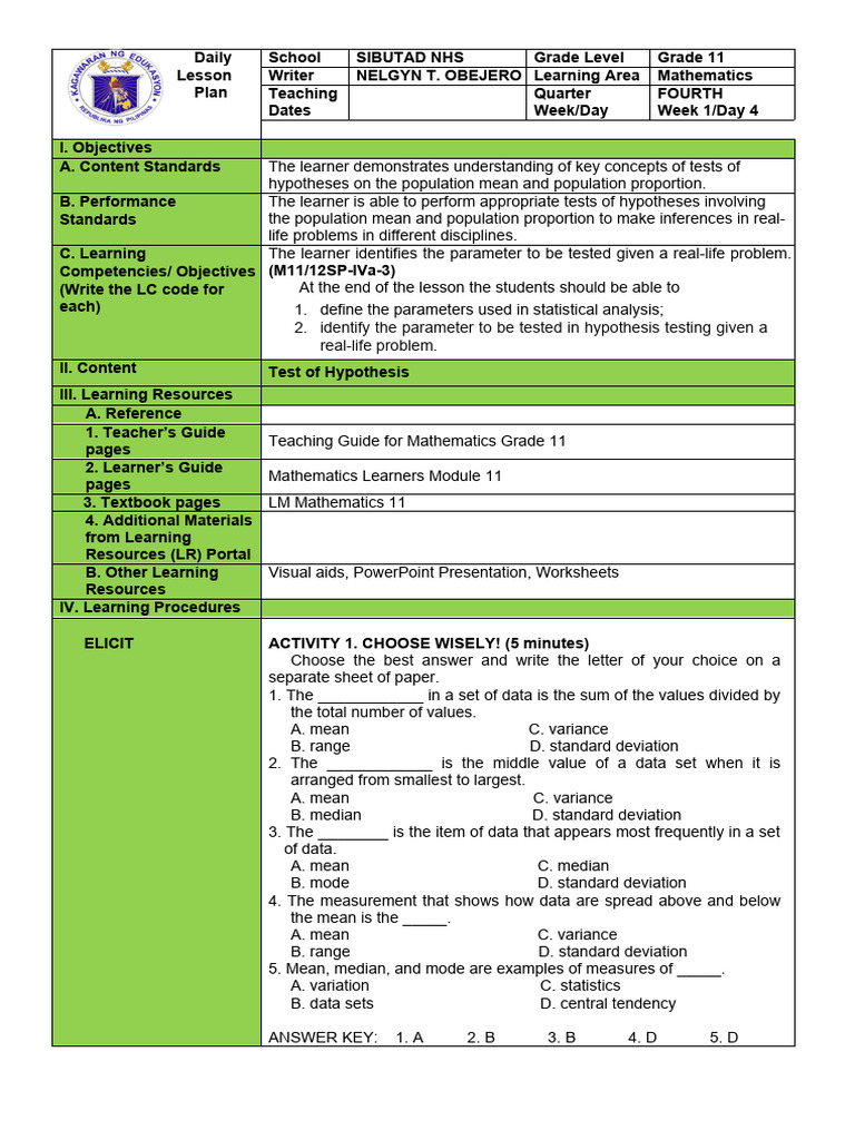 Lesson Plan Q4 Week 1 Day 4 | PDF | Mean | Standard Deviation