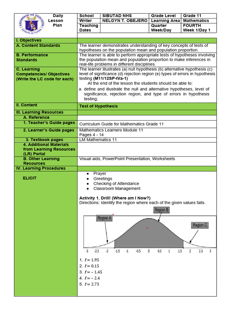 Lesson Plan Q4 Week 1 Day 1 | PDF | Statistical Hypothesis Testing ...