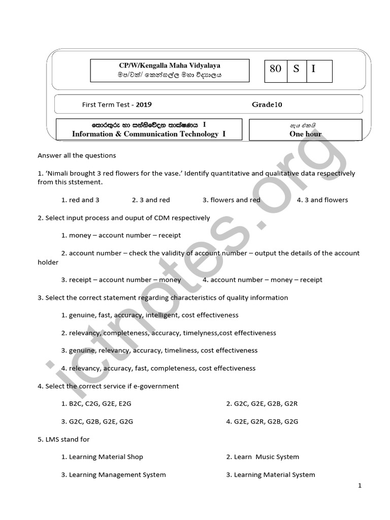Grade 10 ICT First Term Test 2019 | PDF | Computer Data Storage | Input ...