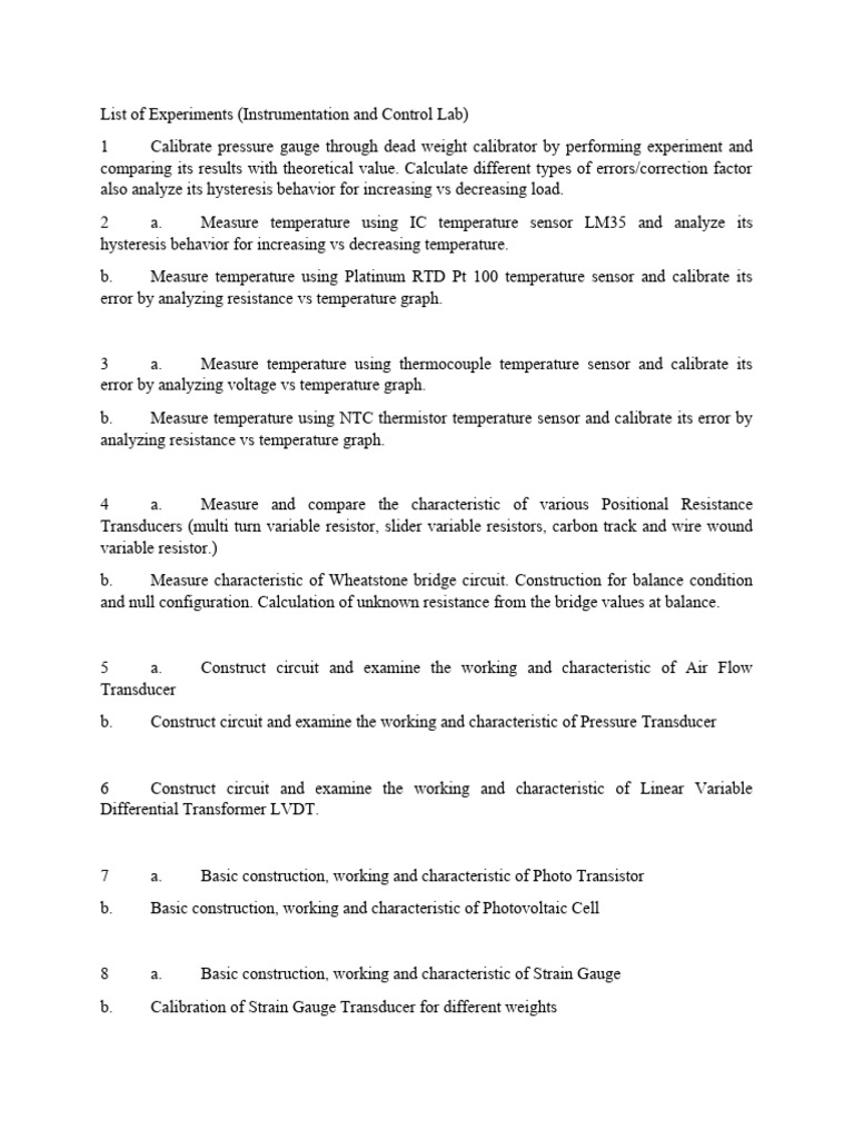 Instrumentation List of Experiments | PDF | Electrical Resistance And Conductance | Sensor