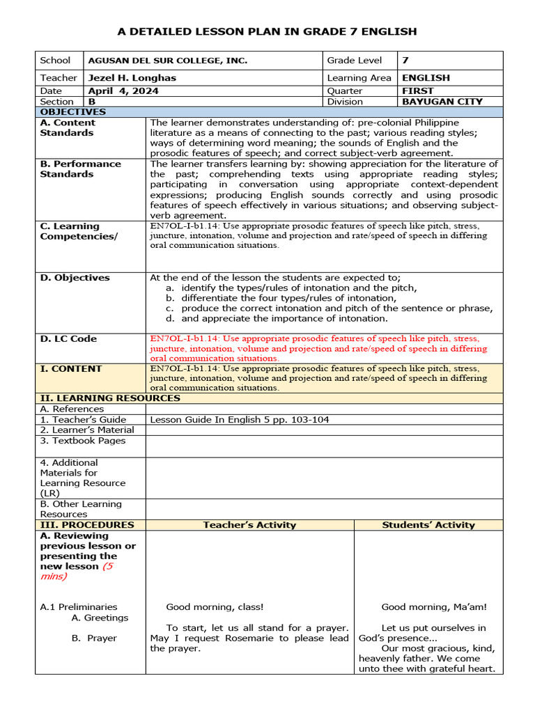 A Detailed Lesson Plan in Grade 7 English | PDF | Question | Stress ...